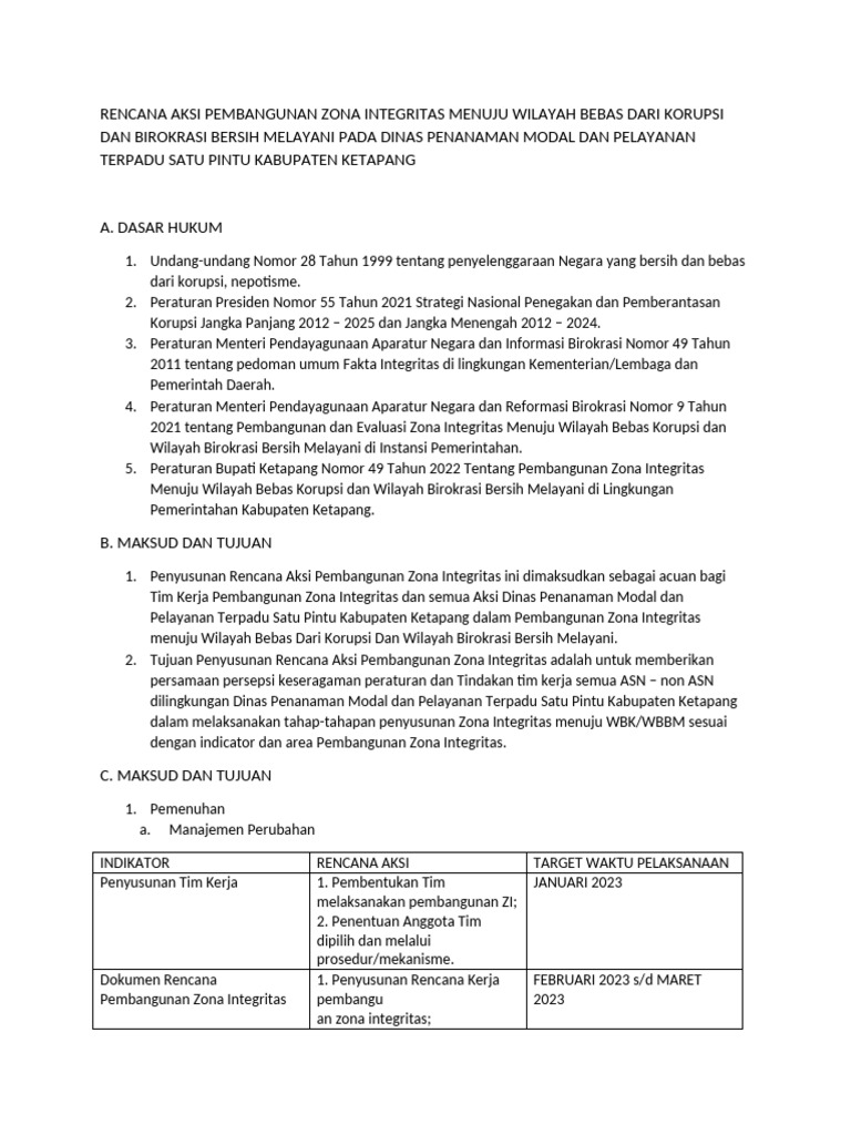 Rencana Aksi Pembangunan Zona Integritas Menuju Wilayah Bebas Dari ...