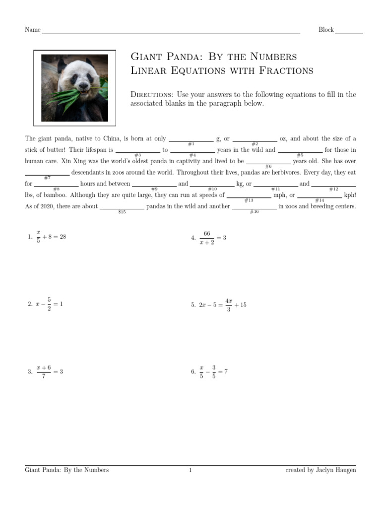 Giant Panda: by The Numbers Linear Equations With Fractions: Directions ...