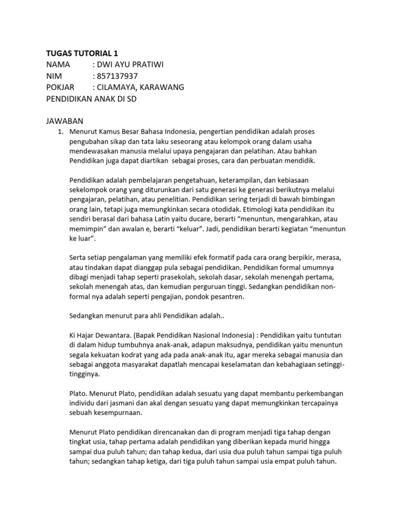 Jawaban Tugas Tutorial 1 Pendidikan Anak Di SD | PDF