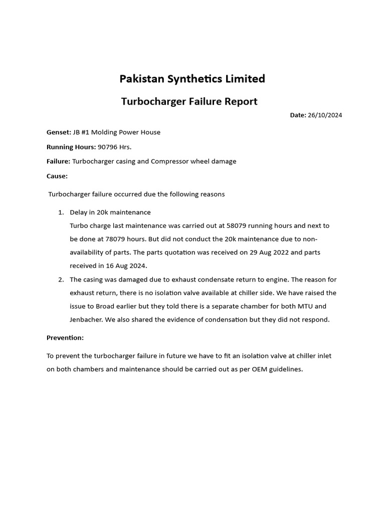 Turbocharger Failure Report for JB #1 Genset | PDF