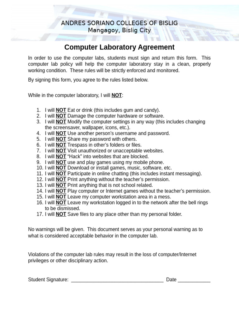 Computer Laboratory Agreement | PDF | Games & Activities