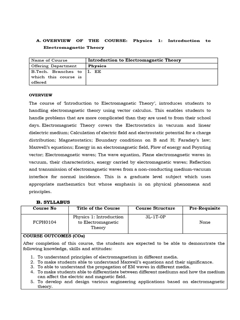 B.Tech. Physics Combined Syllabus 2023 | PDF | Magnetic Field | Optics