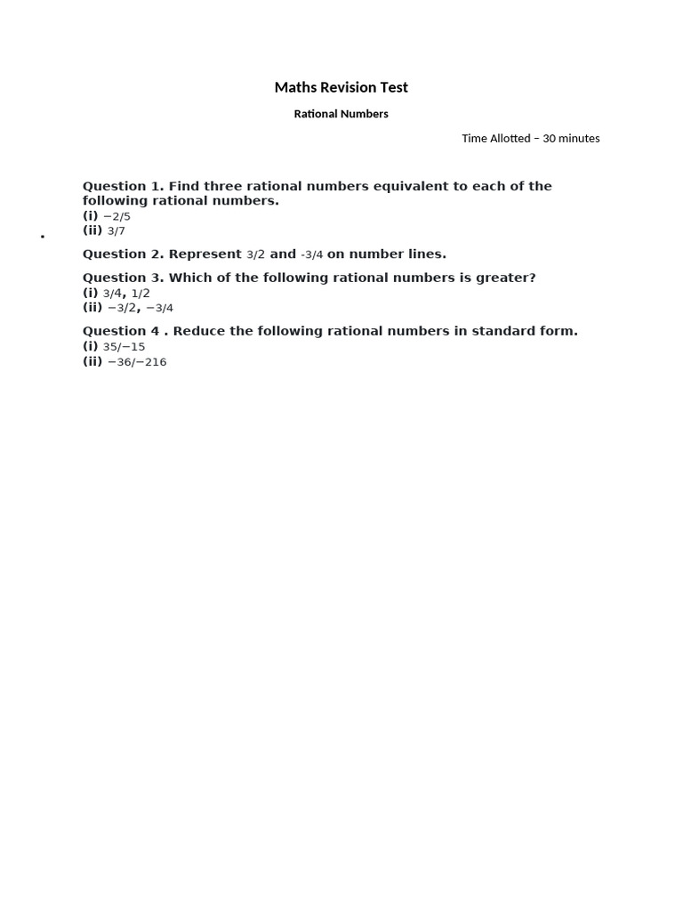 Maths Revision Test Rational Numbers | PDF