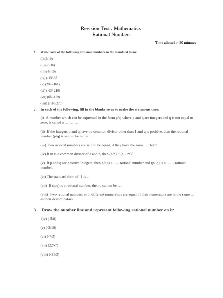 Revision Test Rational Numbers | PDF | Teaching Methods & Materials