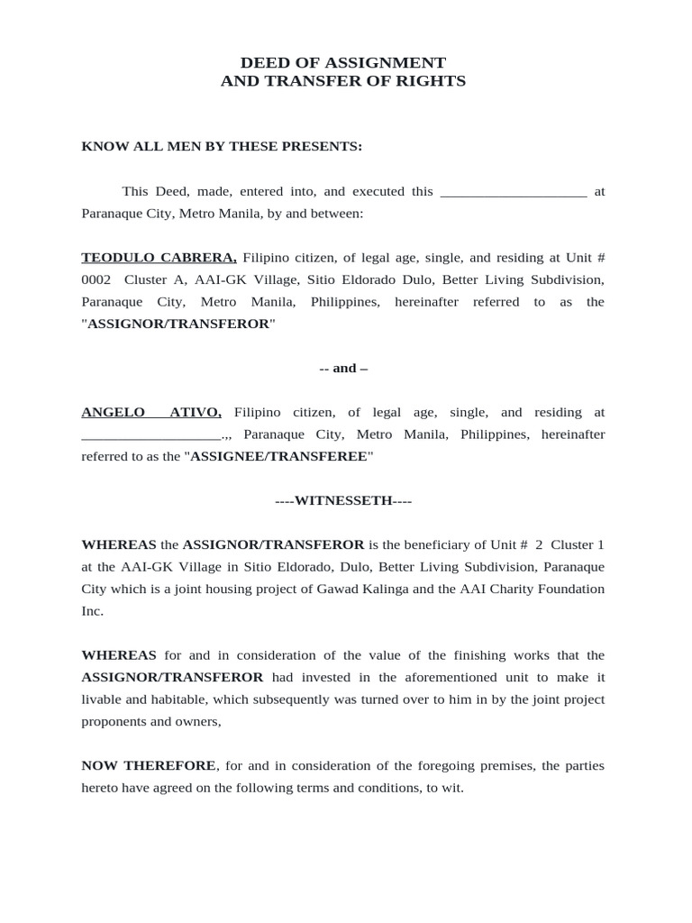 DEED of ASSIGNMENT of Transfer of Rights | PDF | Assignment (Law ...