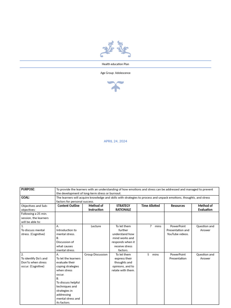 APRIL 24, 2024: Health Education Plan Age Group: Adolescence | PDF | Learning | Stress (Biology)