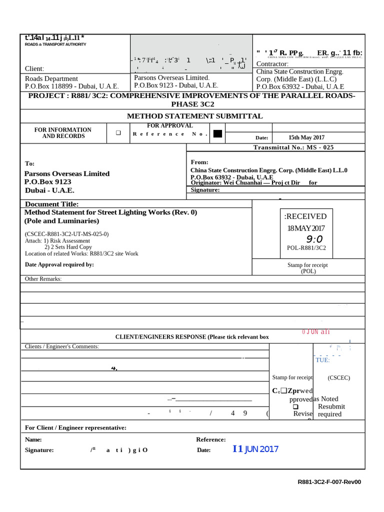 MS-025 - Method Statement for Street Lighting Works (Pole and Luminaries) (Rev. 0) | PDF ...