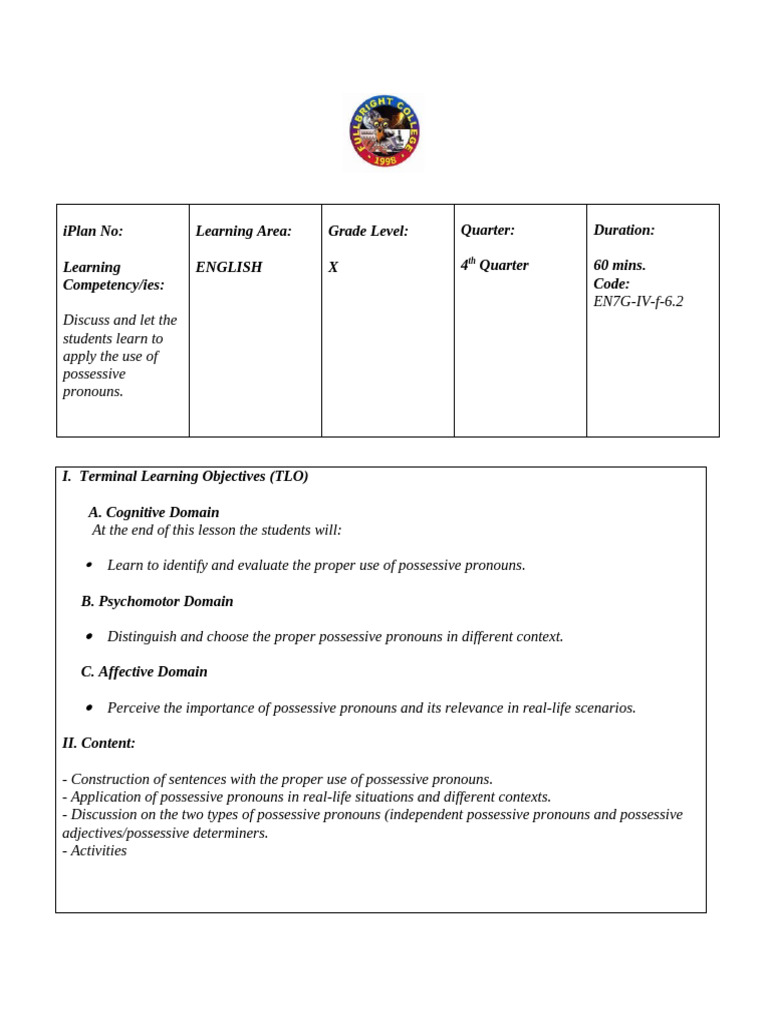 iplan Group-1 SE2A | PDF | Learning | Pronoun