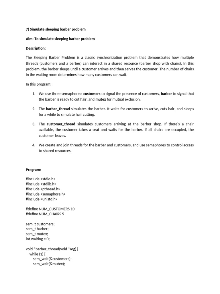 7.sleeping Barber Problem | PDF | Concurrent Computing | Computer Science