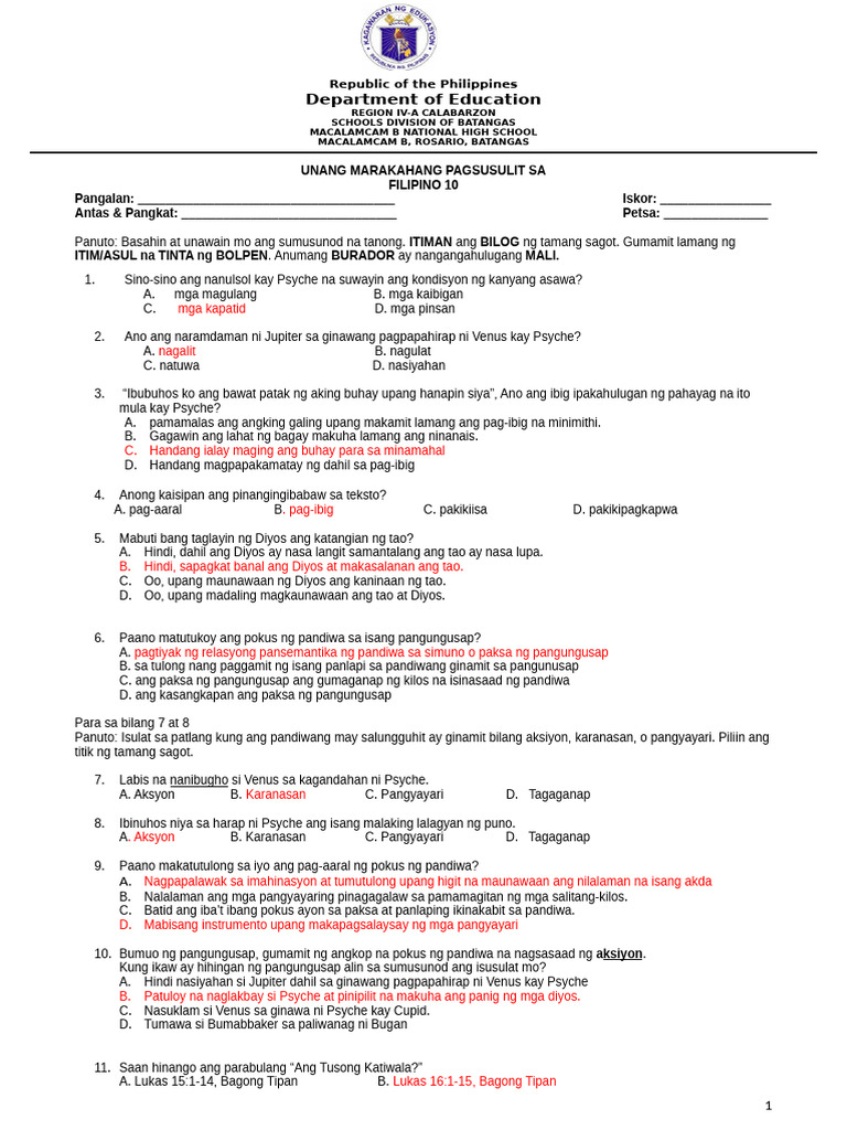 1st Periodical Test Sa Filipino 10 2023-2024 | PDF