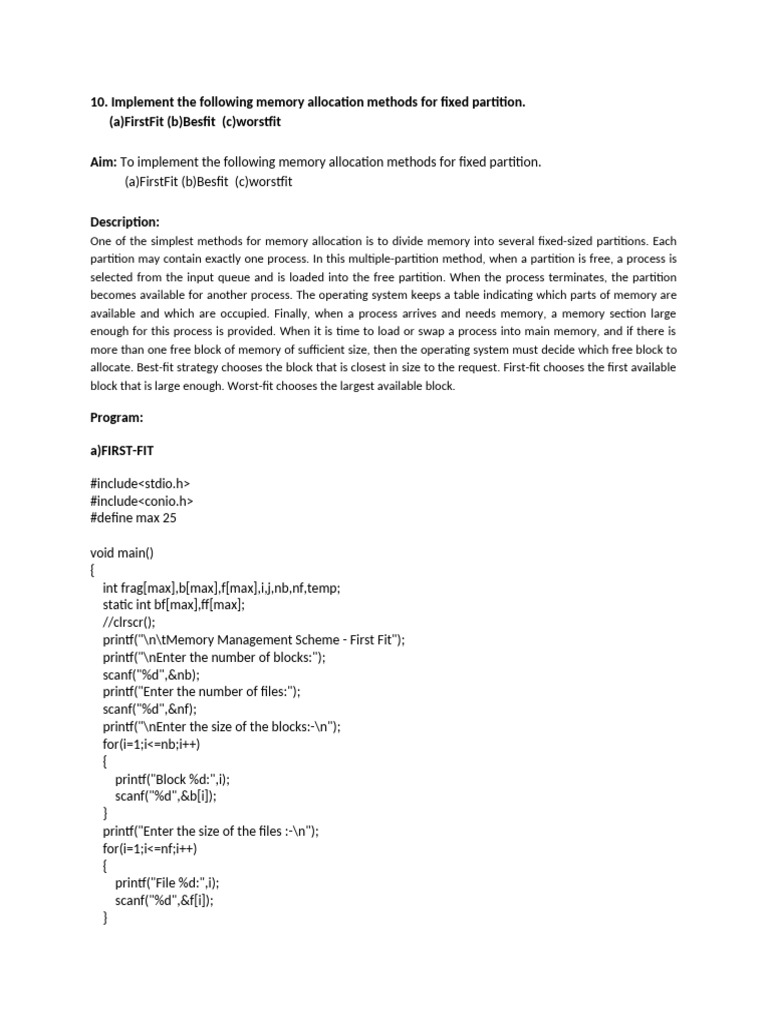 10.a)First fit , worst fit & best fit | PDF | Computing | Computer Data