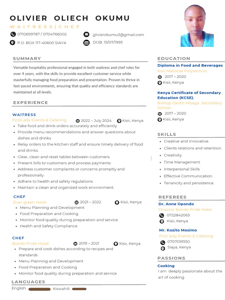 White Black Minimalist Professional Resume | PDF | Chef | Waiting Staff