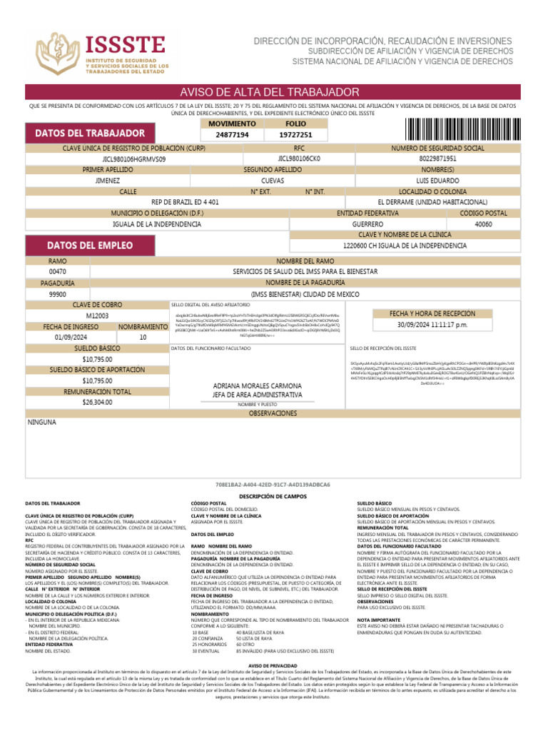 Aviso de Alta del Trabajador ISSSTE | PDF