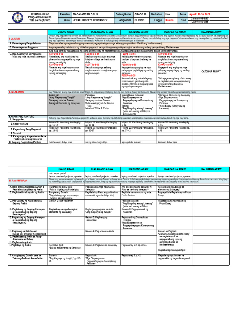 2 DLL IN FILIPINO 10. Aralin 1.2 | PDF