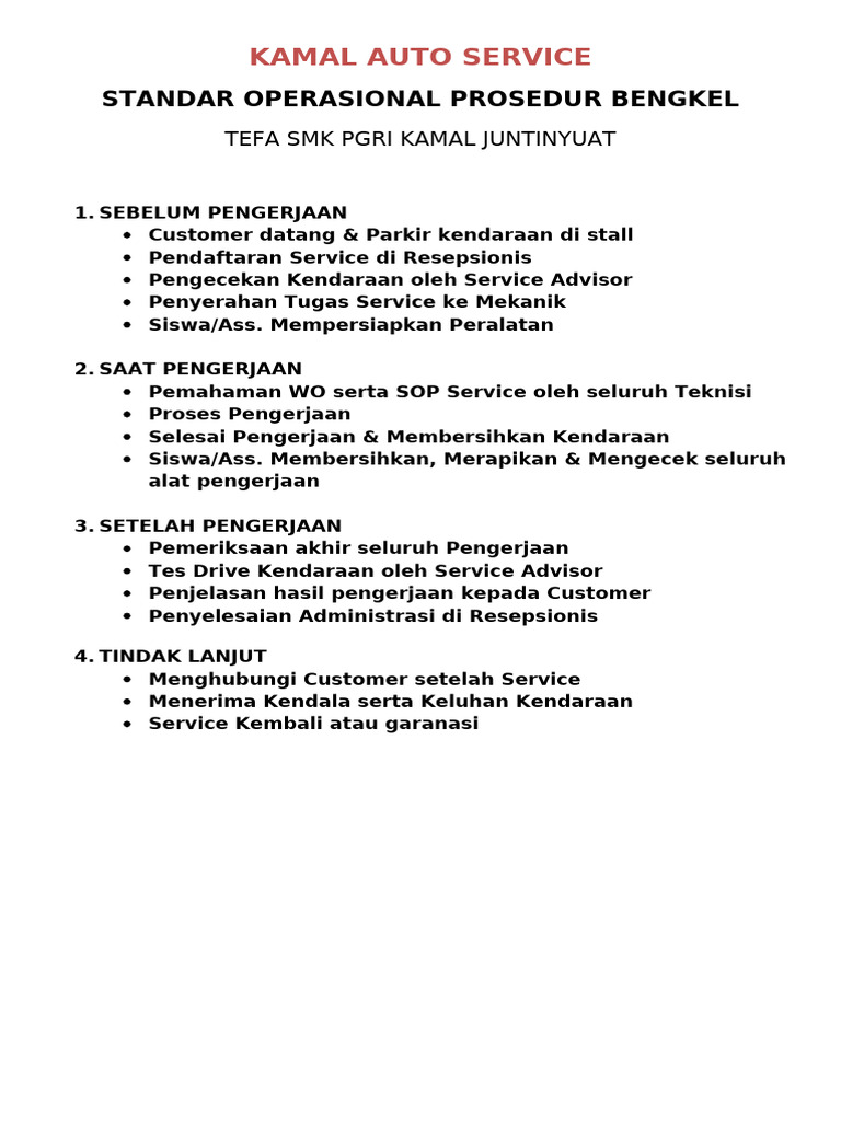 SOP Bengkel | PDF | Teknologi & Rekayasa