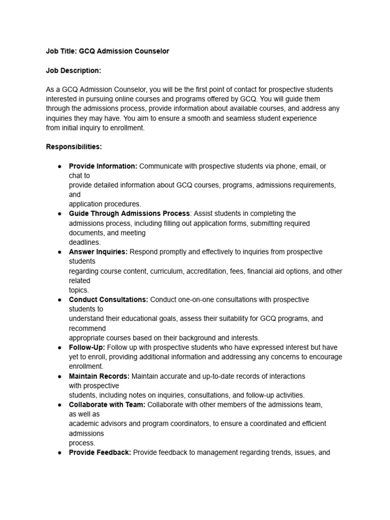 Job Title - GCQ Admission Counselor - 1 | PDF | Educational Technology ...