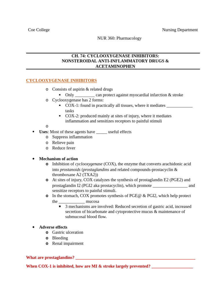 Ch. 74 Cox Inhibitors NSAIDS Acetaminophen Guided Notes Final | PDF ...