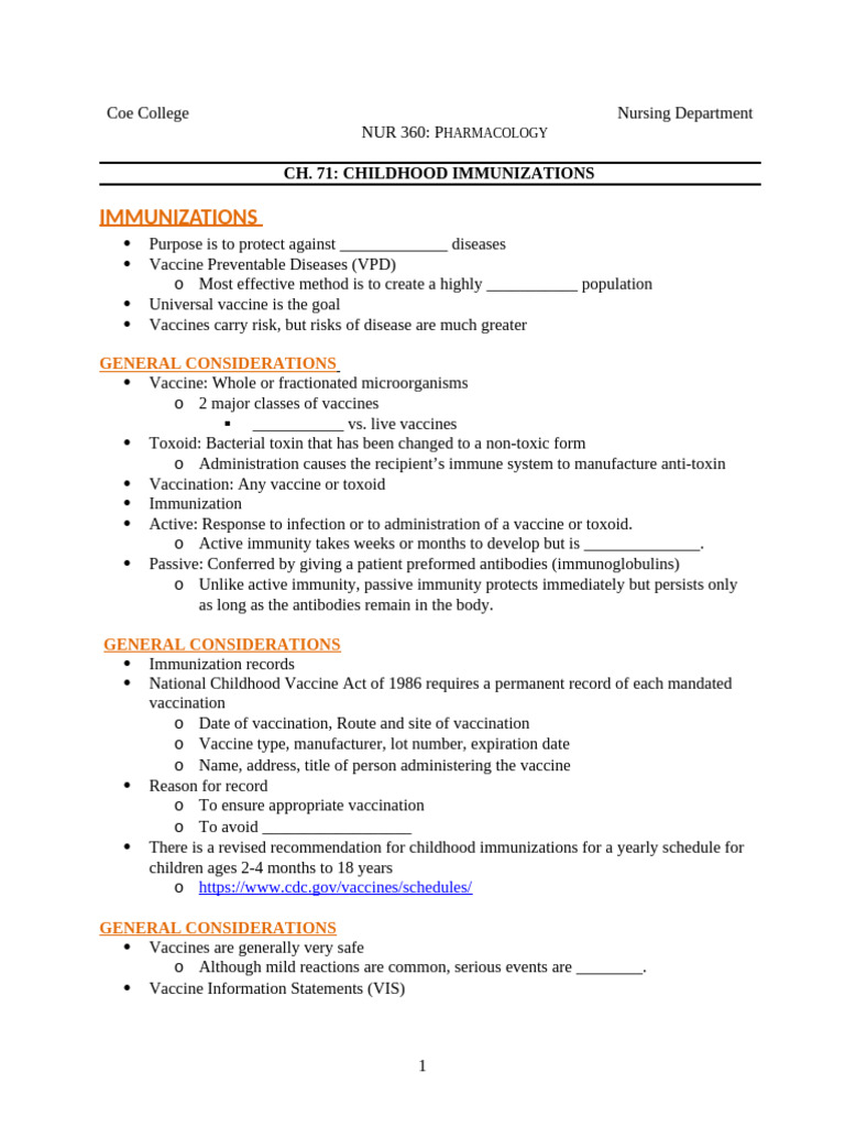 Ch. 71 Childhood Immunizations Guided Notes Final | PDF | Vaccines | Virus