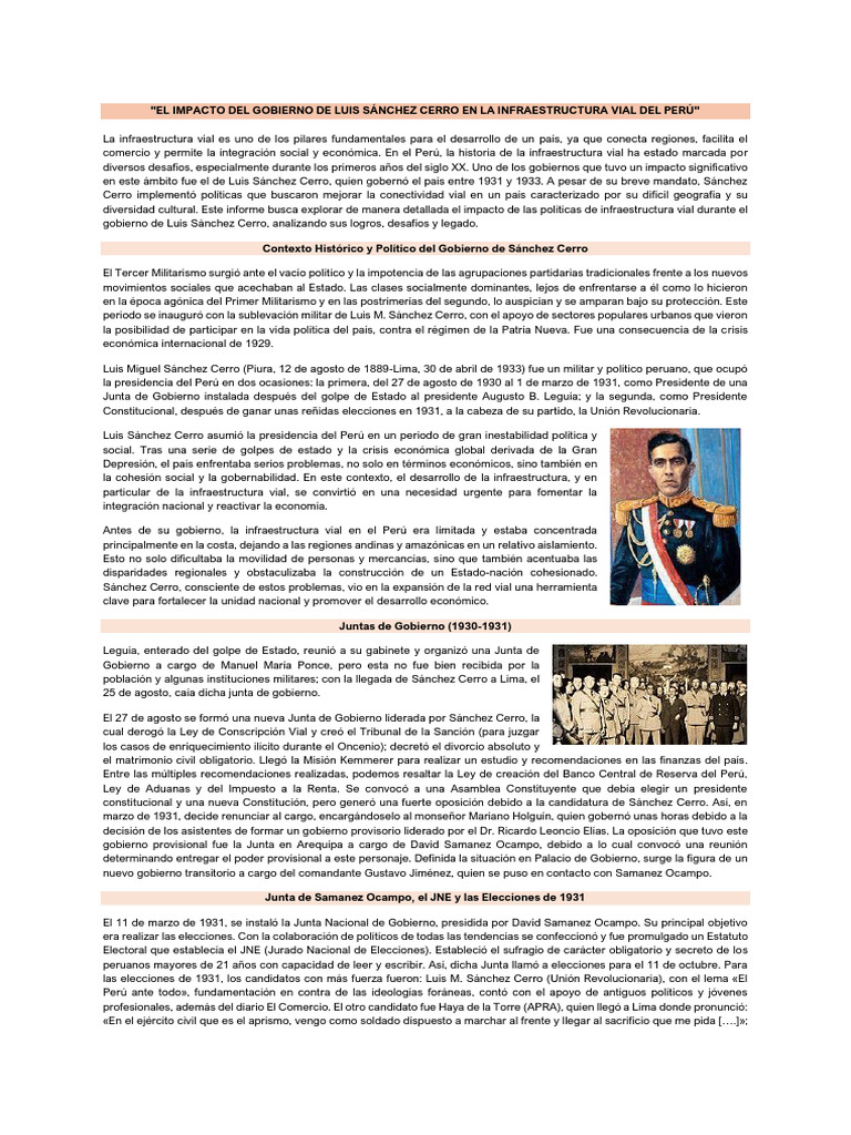 Impacto de Sánchez Cerro en Vialidad Peruana | PDF | Perú | Gobierno