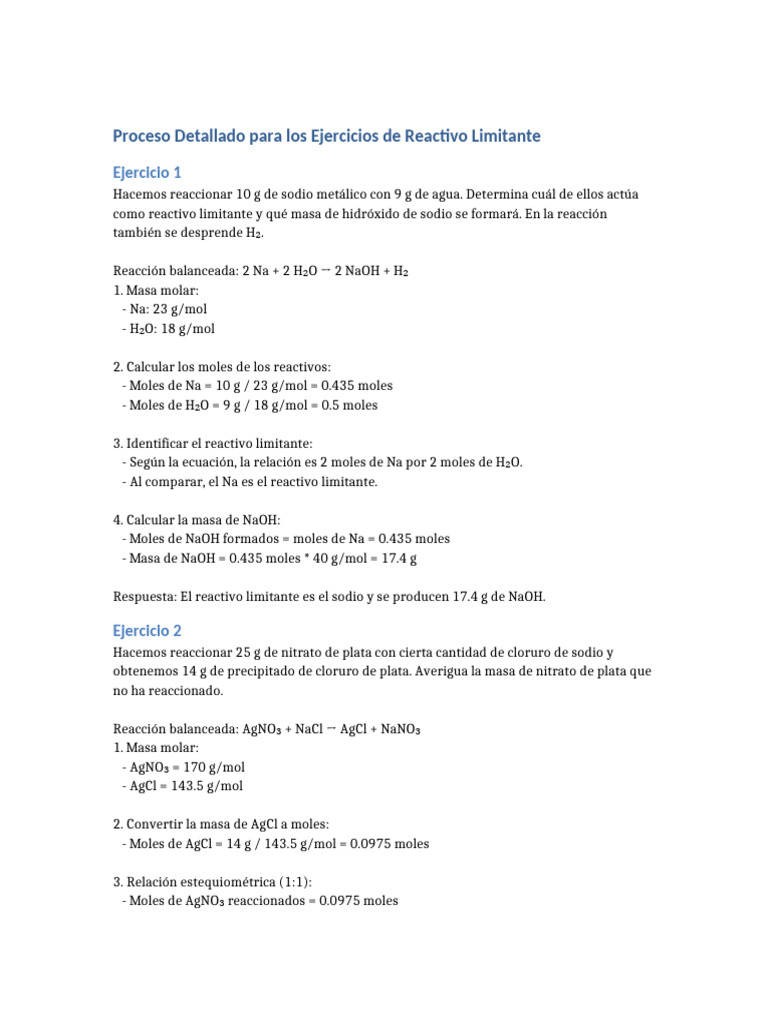Ejercicios de Reactivo Limitante y Cálculo de Productos | PDF | Hidróxido de sodio ...