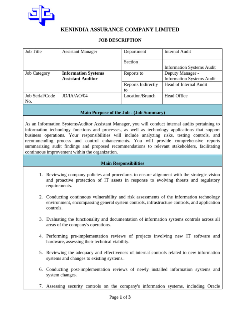 JD IS Audit Assistant Manager 2 1 | PDF | Internal Audit | Audit