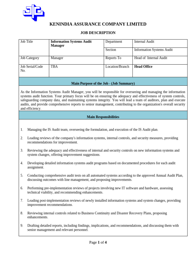JD IS Audit Manager Reviewed 1 1 | PDF | Audit | Internal Audit