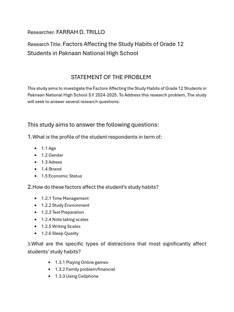 Farrah Trillo Statement of The Problem | PDF | Self-Improvement