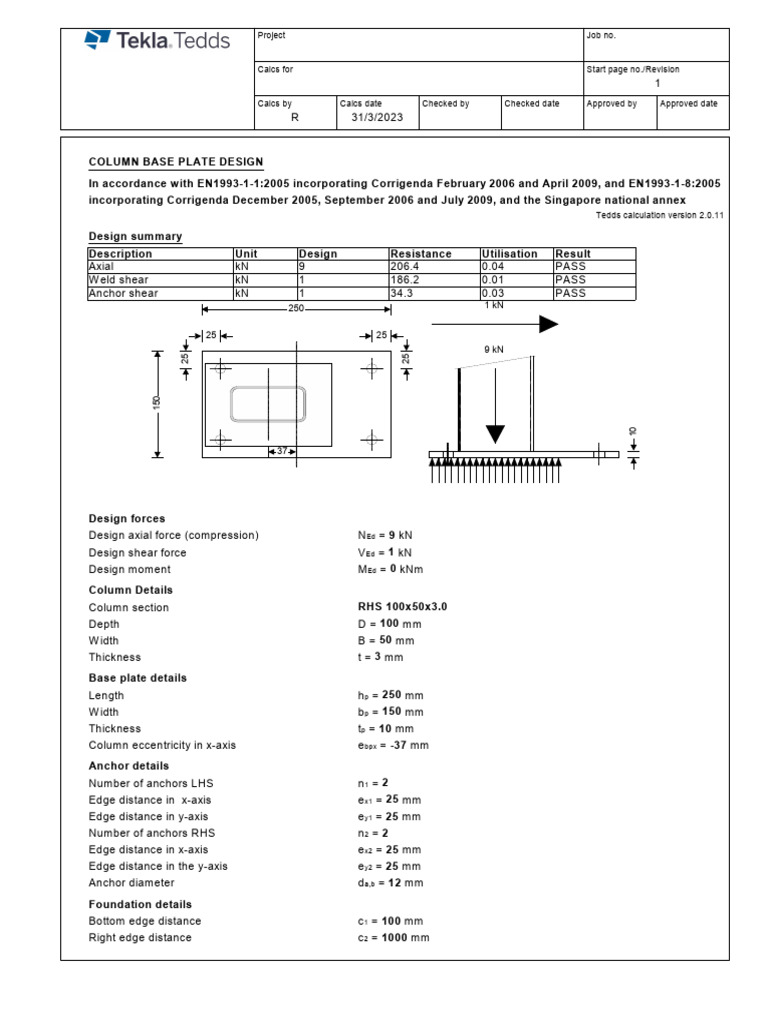 Column Base Plate and Anchor Design Calculations | PDF | Column | Materials