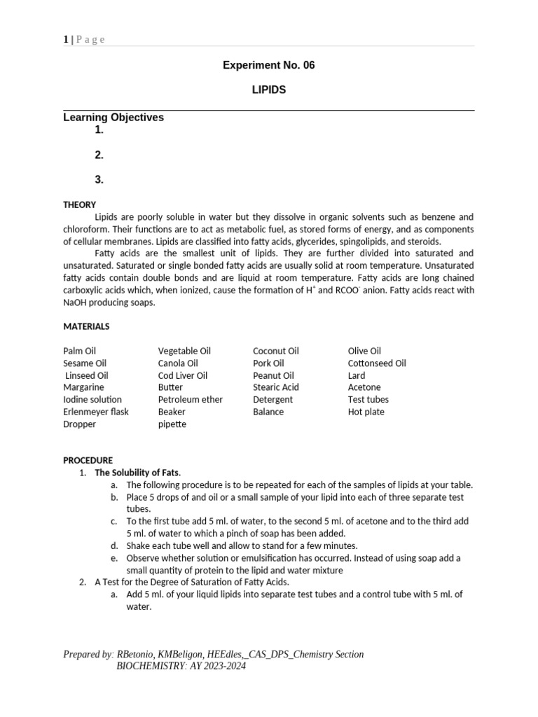 EXPERIMENT_6_LIPIDS | PDF | Oil | Fatty Acid