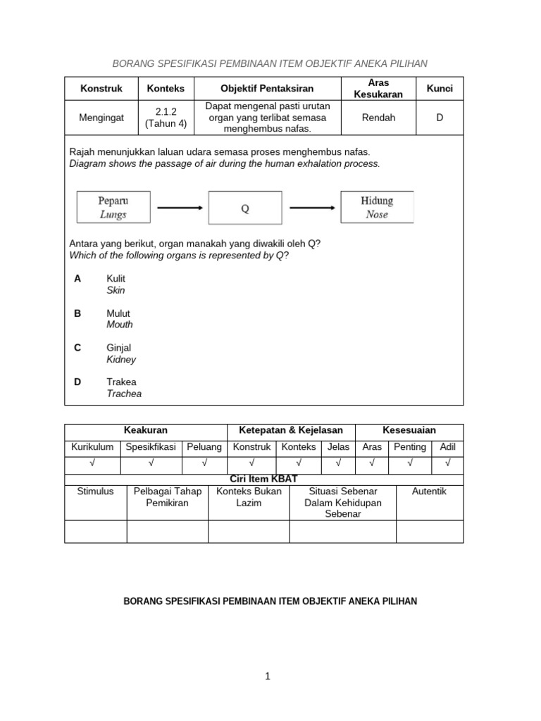 Borang Spesifikasi Pembinaan Item Objektif Aneka Pilihan | PDF