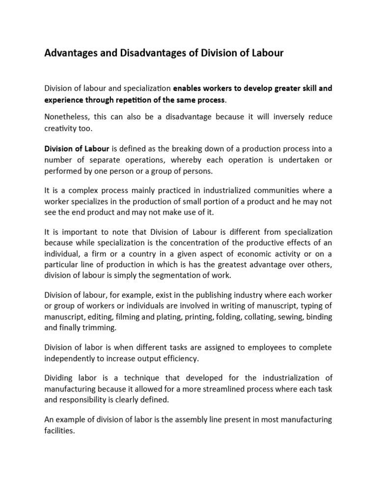 Advantages And Disadvantages Of Division Of Labour Pdf Pdf Division Of Labour Employment