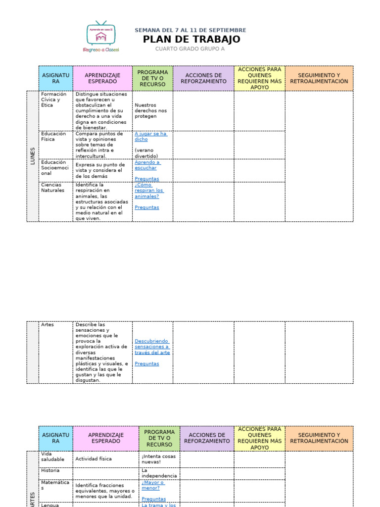 Plan Semanal 4° Grado Septiembre | PDF | Aprendizaje | México