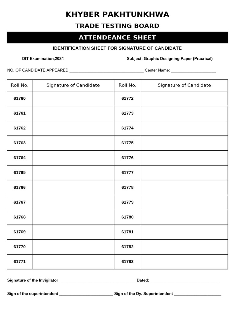 KPK Trade Test Attendance Sheet 2024 | PDF | Finance & Money Management