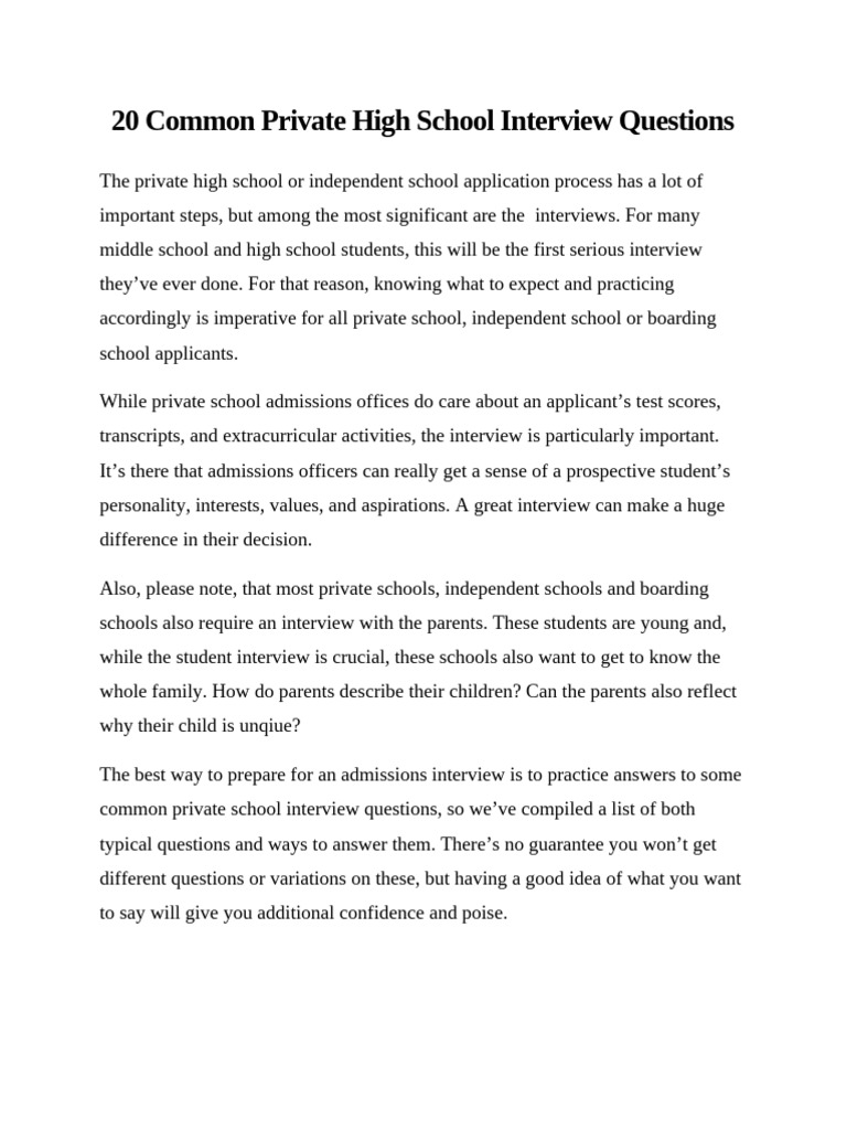 20 Common Private High School Interview Questions | PDF | Leadership ...