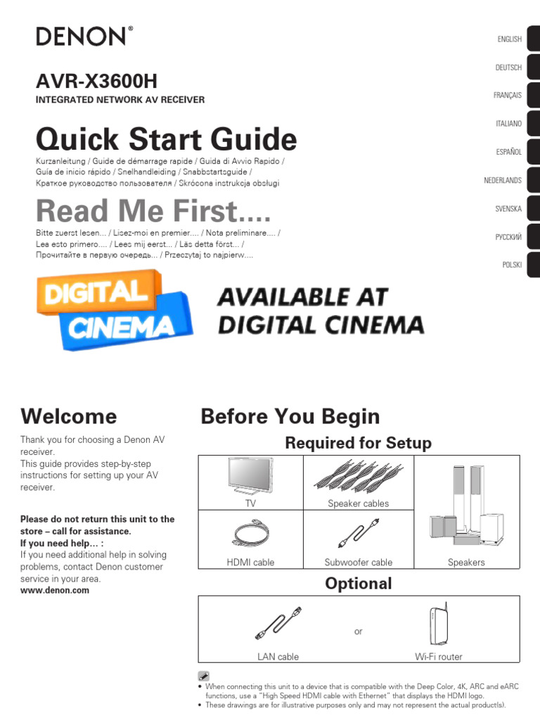 Denon-AVR-X3600H-AV-Receiver-Quick-Start-Guide-Digital-Cinema | PDF | Hdmi | Electrical Engineering