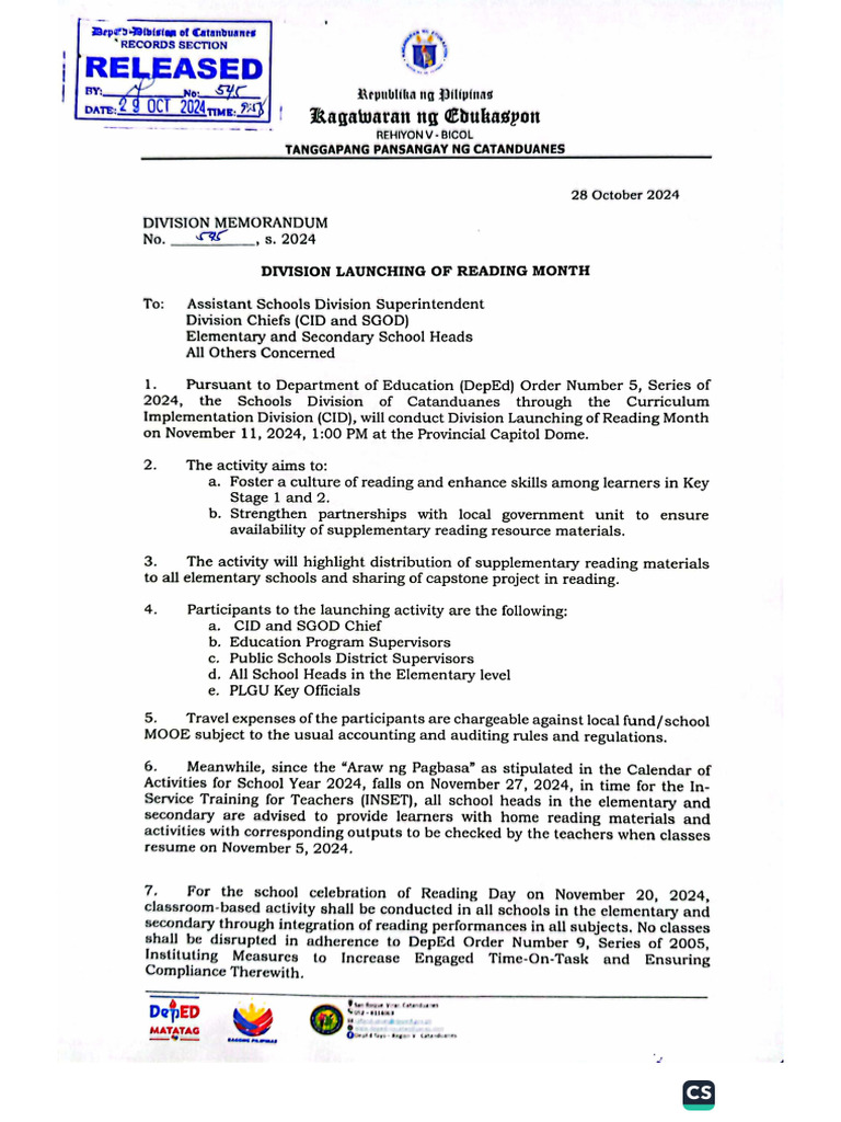 Rec-Dm-545-S. 2024-Division-Launching-Of-Reading-Month | PDF