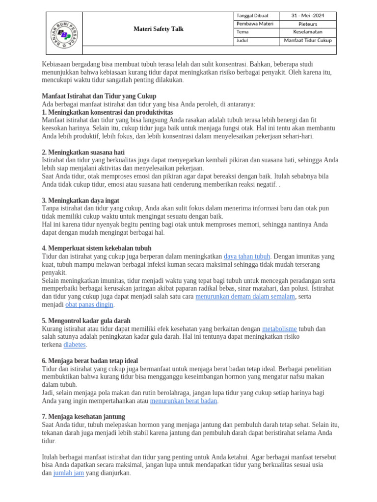 Materi Safety Talk 31 05 2024 | PDF