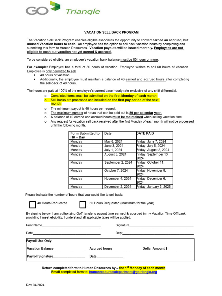 VACATION BUY BACK Form 2024 PDF | PDF | Employment | Payroll Tax