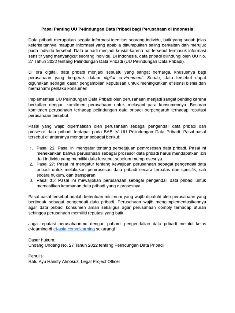 Pasal Penting UU Pelindungan Data Pribadi Bagi Perusahaan Di Indonesia ...