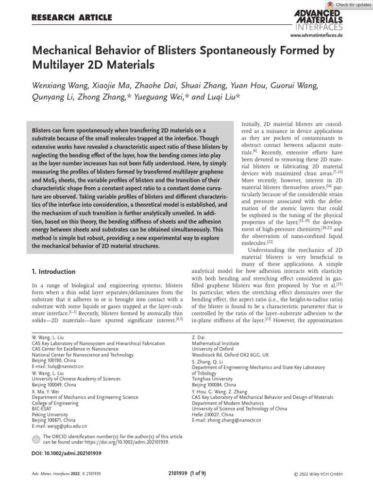 Adv Materials Inter - 2022 - Wang - Mechanical Behavior of Blisters Spontaneously Formed by ...