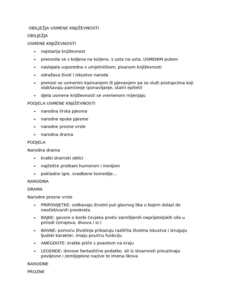Usmena Književnost ODLIKE | PDF