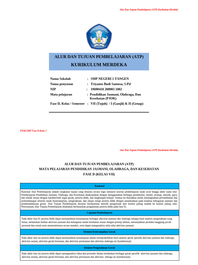 ATP PJOK Kelas 7 Kurikulum Merdeka | PDF