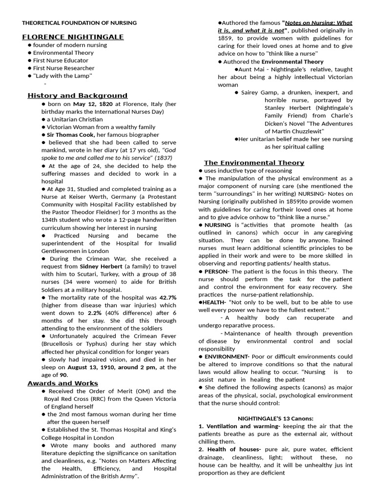 THEORETICAL FOUNDATION OF NURSING Handout | PDF | Nursing | Florence ...