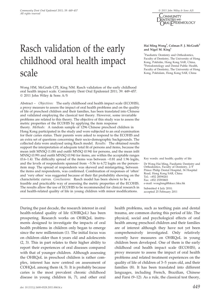 Comm Dent Oral Epid - 2011 - Wong - Rasch Validation of The Early ...