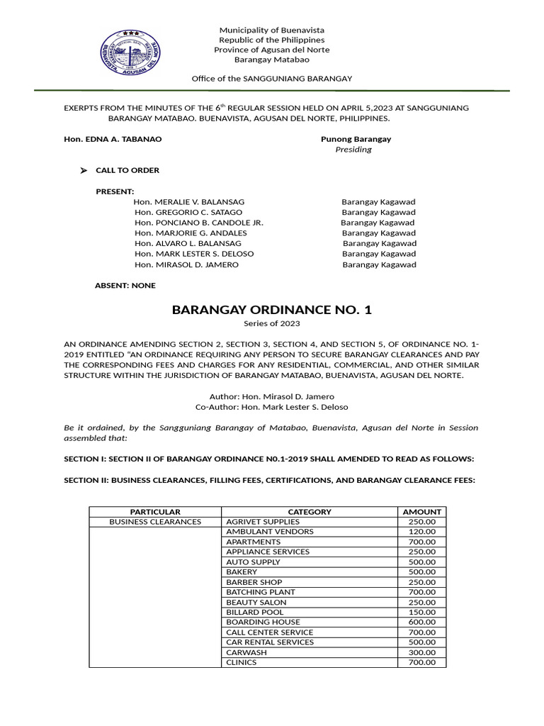 Barangay Ordinance No. 1 | PDF
