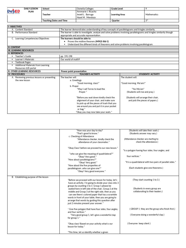 BbbDAILY LESSON PLAN 9.docx Tests of Parallelogram 3rd Quart. 1 | PDF ...