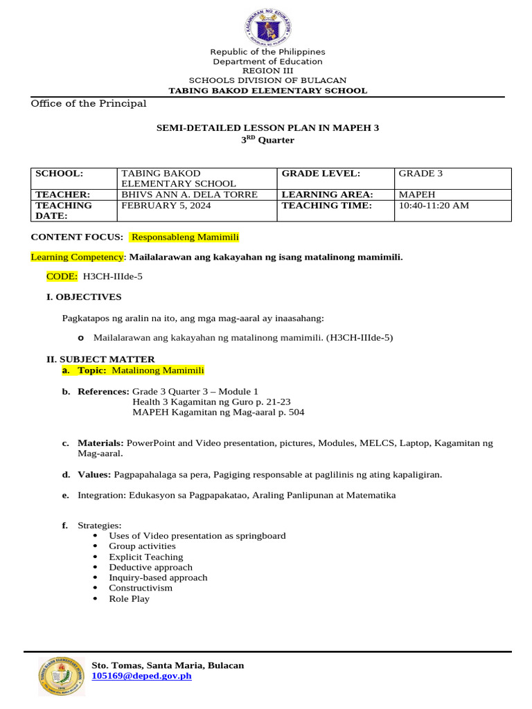 3rd Quarter Lesson PLan COT Grade 3 Health | PDF