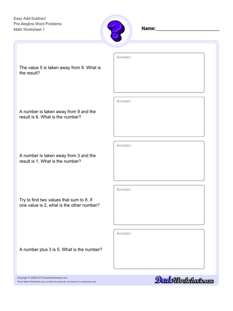 addition-subtraction-pre-algebra-word-problems-easy-v1 | PDF