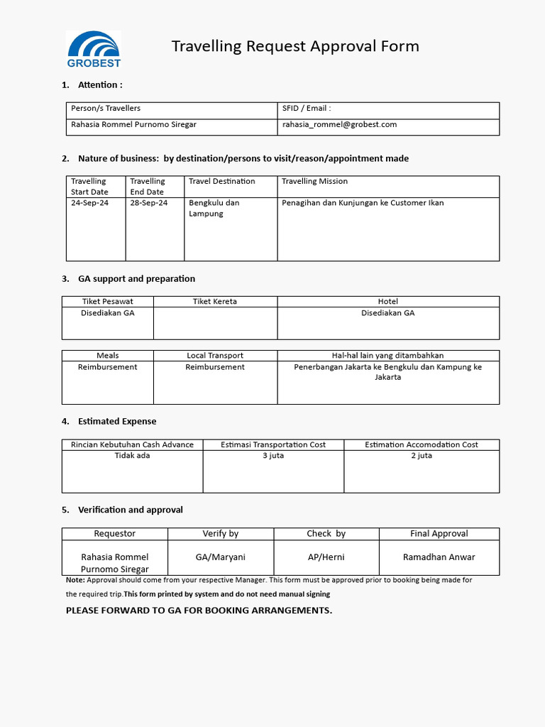 Travelling Form Rahasia Rommel Purnomo Siregar | PDF