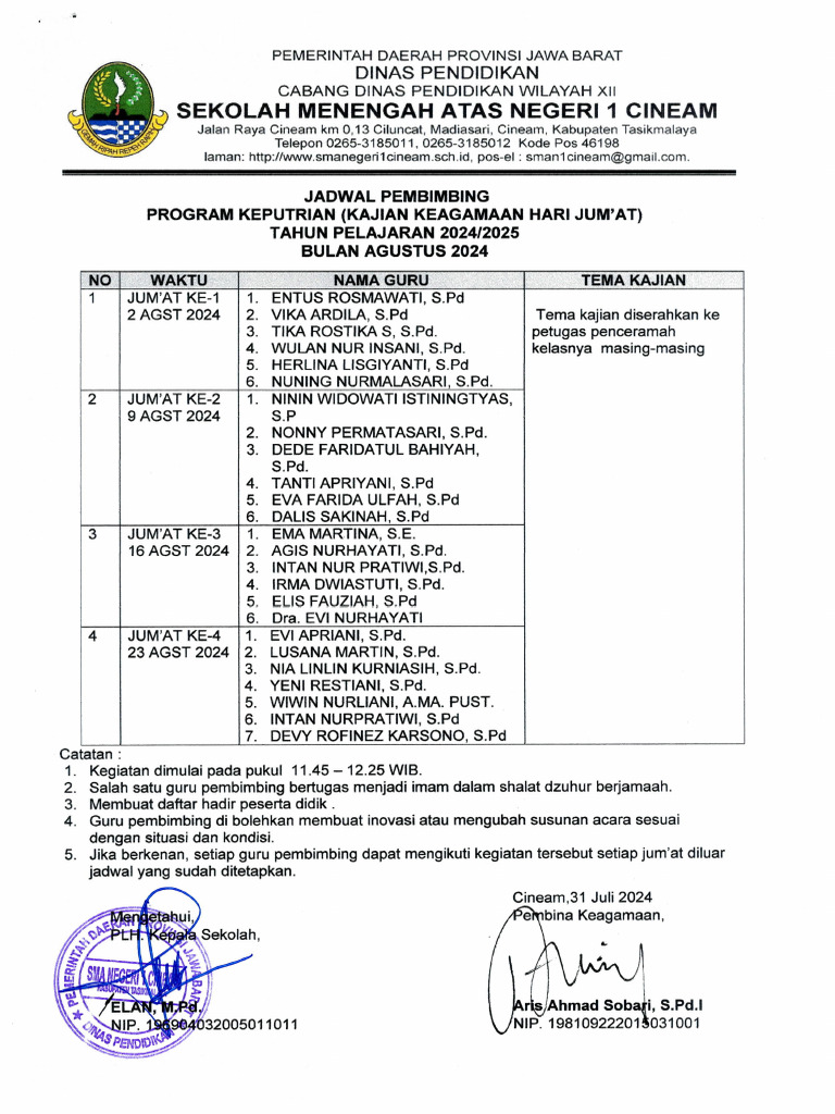 Jadwal Pembimbing Program Keputrian Bulan Agustus 2024 | PDF